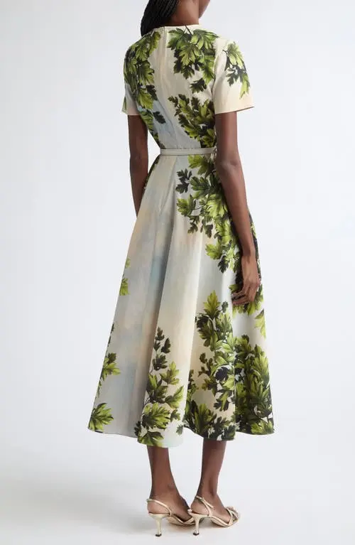 Oscar De La Renta Maple Leaves Cotton Stretch Poplin Midi Dress - Green Multi