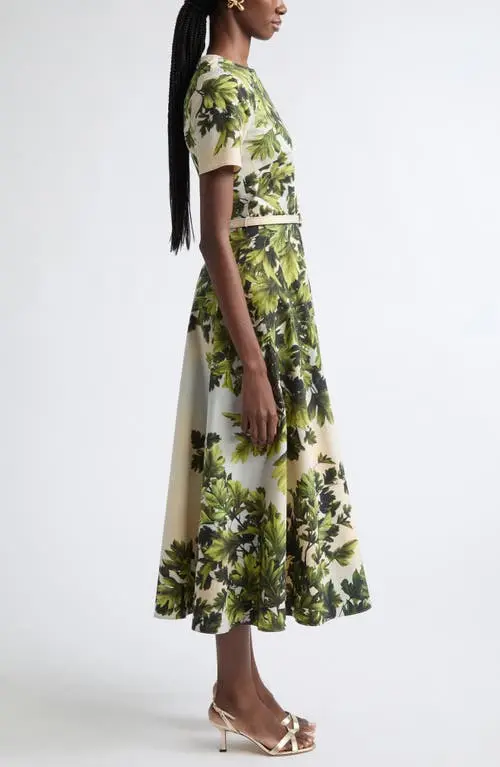 Oscar De La Renta Maple Leaves Cotton Stretch Poplin Midi Dress - Green Multi