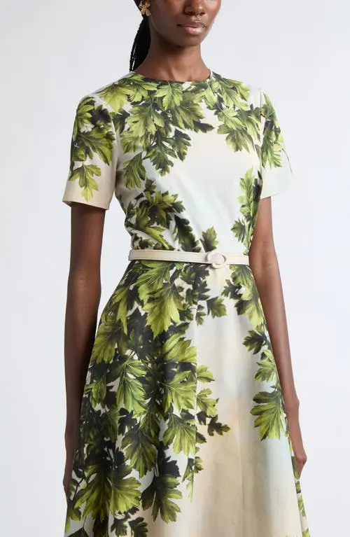 Oscar De La Renta Maple Leaves Cotton Stretch Poplin Midi Dress - Green Multi