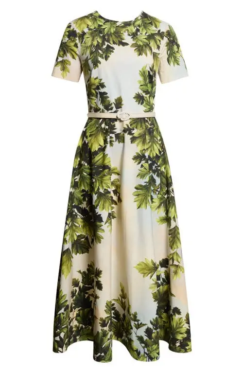 Oscar De La Renta Maple Leaves Cotton Stretch Poplin Midi Dress - Green Multi