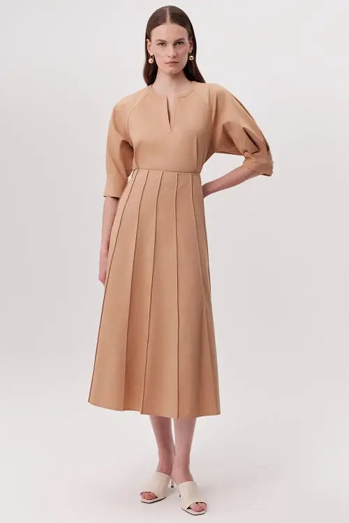 EXQUISE Karlie Fitted Multi Panel Flared Midi Skirtt - Camel
