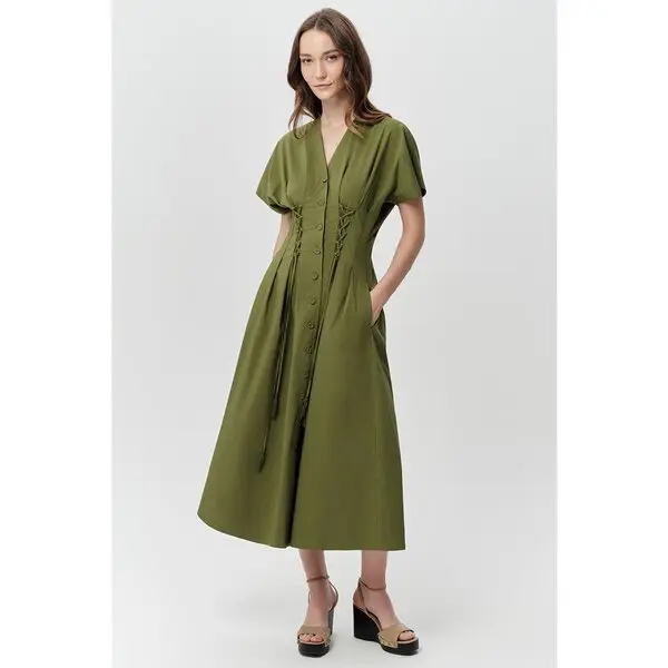EXQUISE Andree V Neck Tie Waist Pocket Midi Dress - Khaki