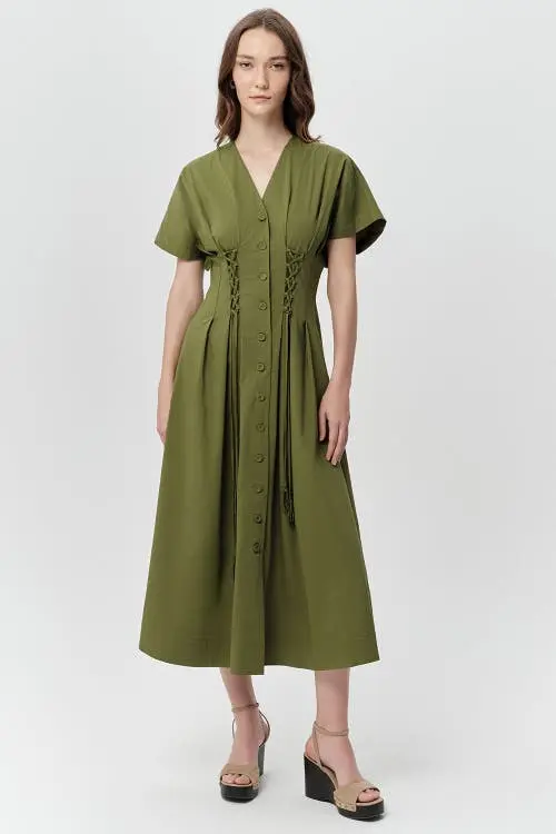 EXQUISE V-neck Midi Dress With Tie Waist And Pockets - Khaki