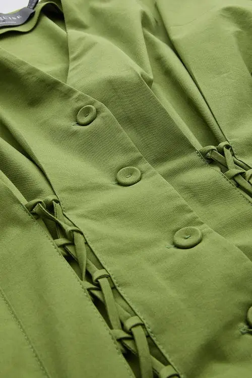 EXQUISE V-neck Midi Dress With Tie Waist And Pockets - Khaki