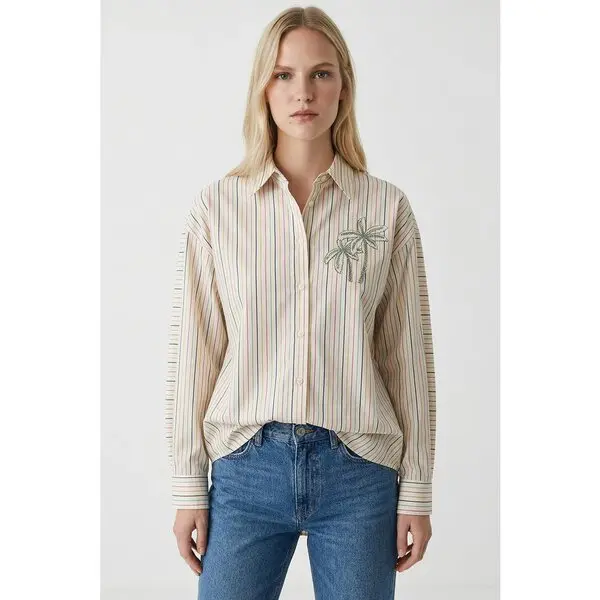 EXQUISE Gage Embroidered Long Sleeve Shirt - Cream