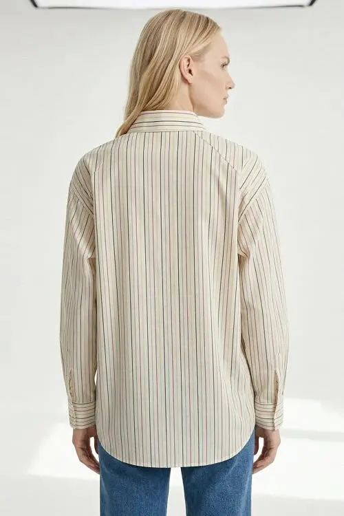 EXQUISE Striped Embroidered Long Sleeve Shirt