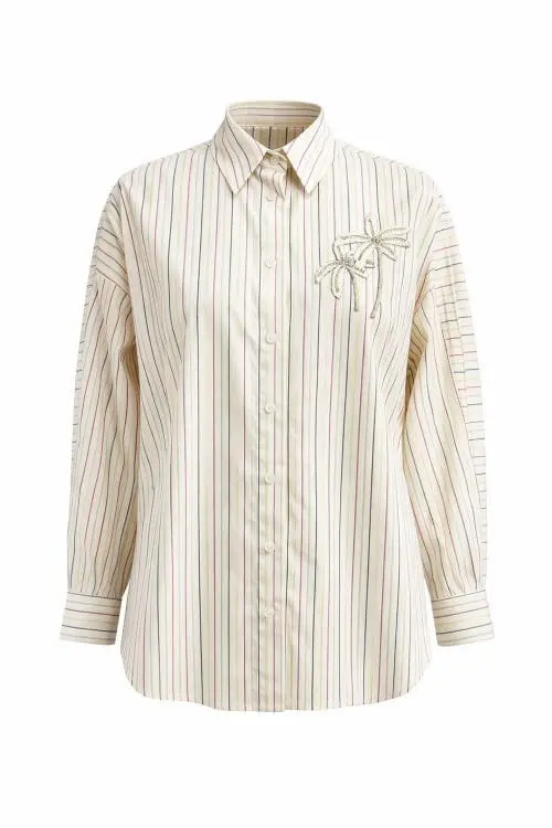 EXQUISE Striped Embroidered Long Sleeve Shirt