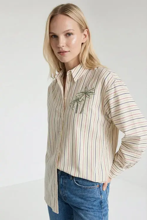 EXQUISE Striped Embroidered Long Sleeve Shirt