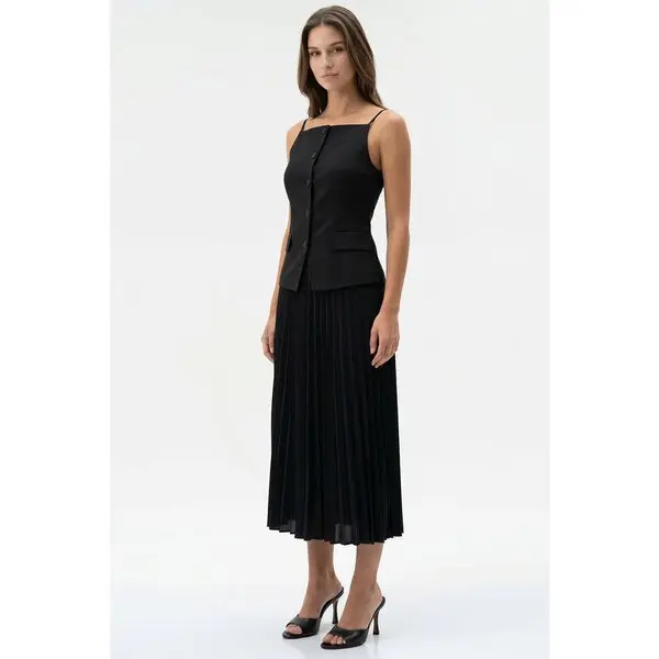 EXQUISE Angeletta Sleeveless Linen Trim Pleated Midi Dress - Black