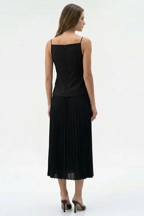 EXQUISE Sleeveless Linen Trim Midi Dress - Black