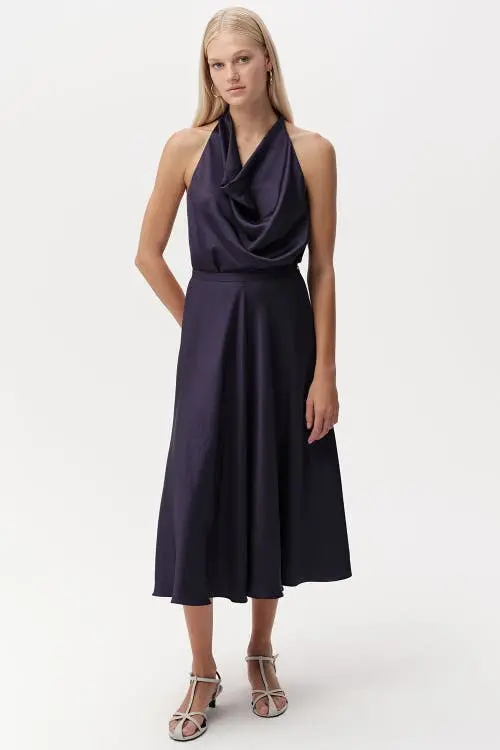 EXQUISE Calais Skater Midi Skirt With Zipper - Navy