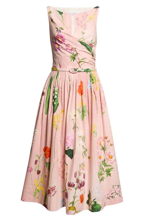Oscar De La Renta Mixed Botanical Cotton Stretch Poplin Midi Dress - Blush Multi