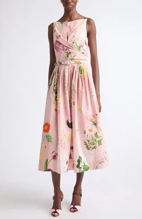 Oscar De La Renta Mixed Botanical Cotton Stretch Poplin Midi Dress - Blush Multi