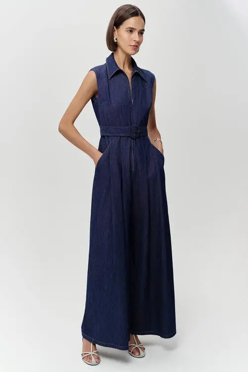 EXQUISE Keith Sleeveless Front Zipper Belted Denim Jumpsuit - Blue