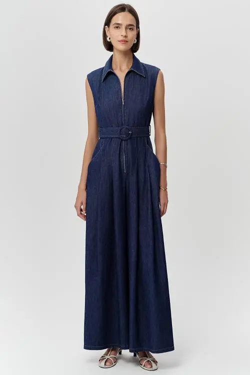 EXQUISE Sleeveless Zip-up Belted Denim Jumpsuit