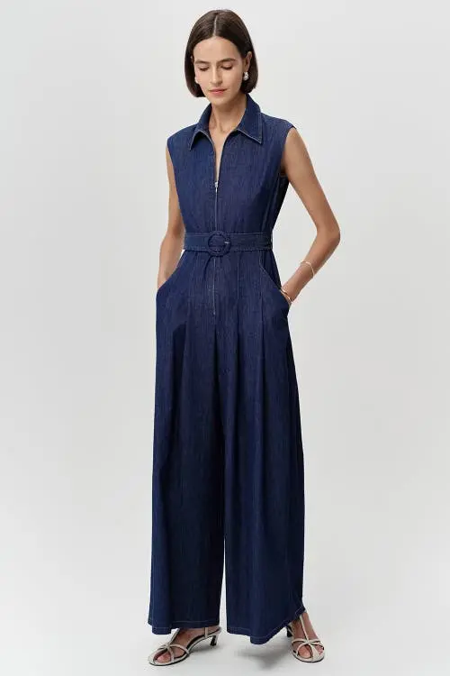 EXQUISE Sleeveless Zip-up Belted Denim Jumpsuit