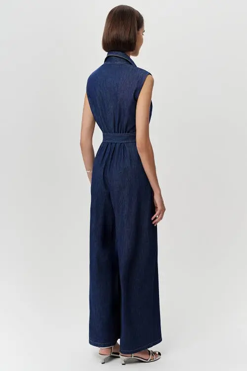 EXQUISE Sleeveless Zip-up Belted Denim Jumpsuit