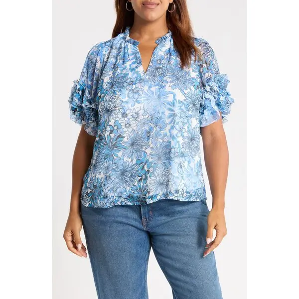 SUGARLIPS Tierra Ruffle Floral V-neck Top - Blues