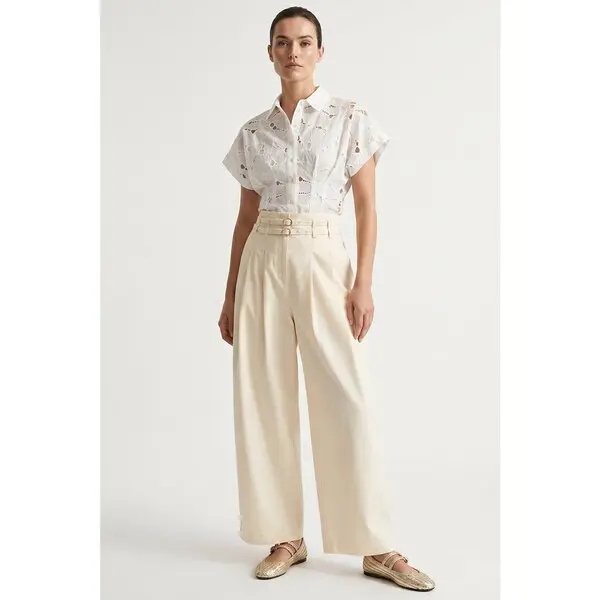 EXQUISE Mckenna Belted High Waisted Pleated Pants - Ecru