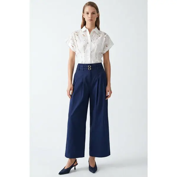 EXQUISE Mckenna Belted High Waisted Pleated Pants - Navy