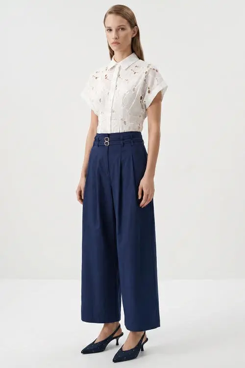 EXQUISE Mckenna Belted High-waisted Pleated Wide-leg Trousers - Navy