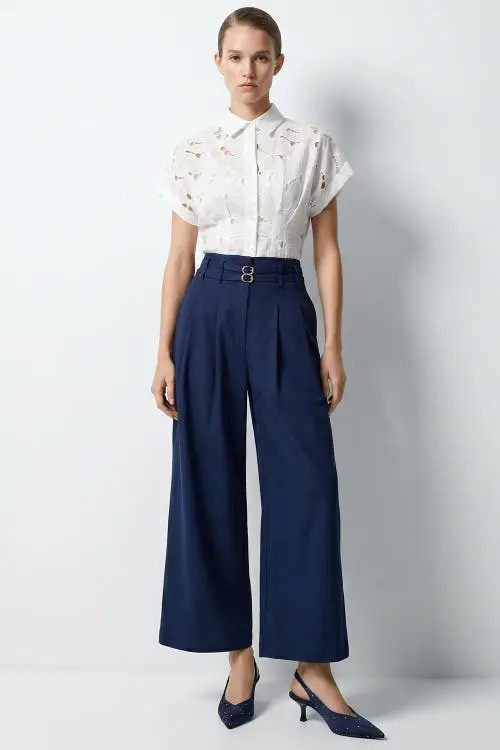 EXQUISE Mckenna Belted High-waisted Pleated Wide-leg Trousers - Navy