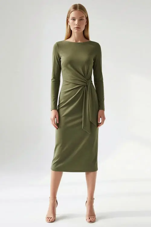 EXQUISE Gascon Crew Neck Long Sleeve Knit Midi Dress - Khaki