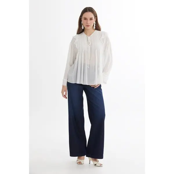GIZIA Ecru Pintuck Detail Sheer Blouse