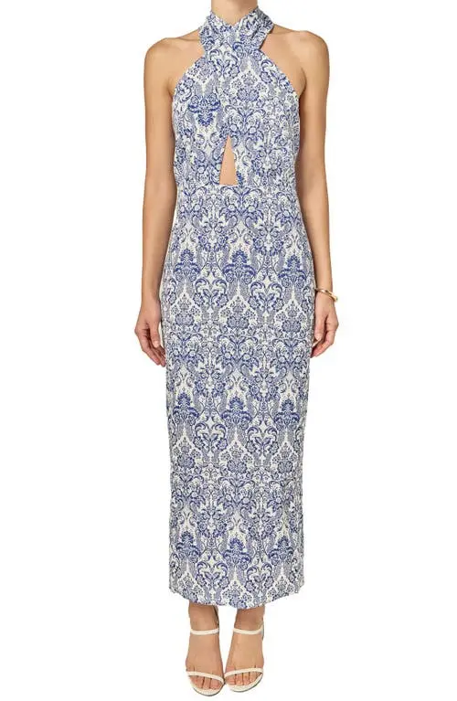 English Factory Printed Cutout Halter Maxi Dress
