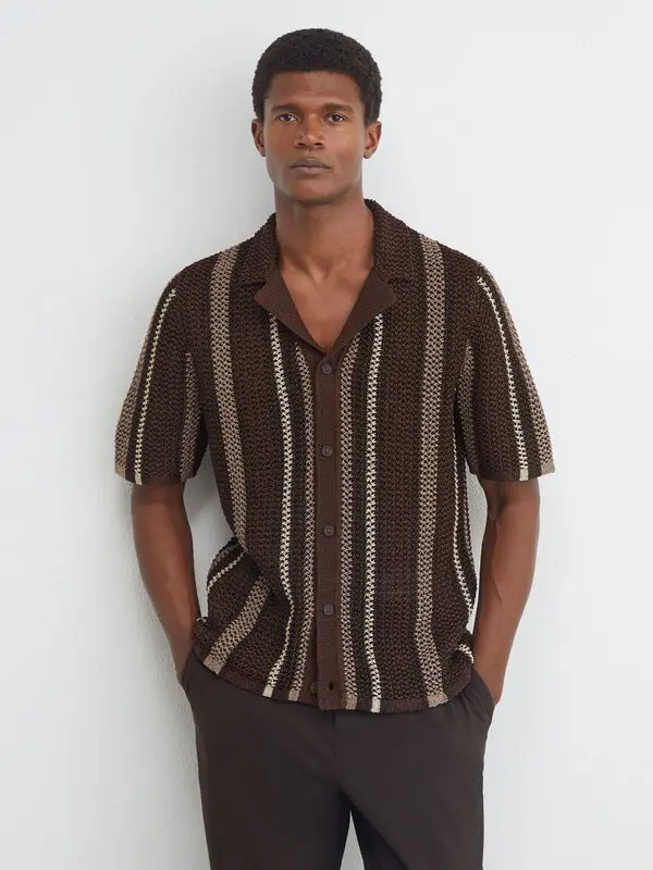 REISS Farin Crochet Stripe Cuban-collar Shirt