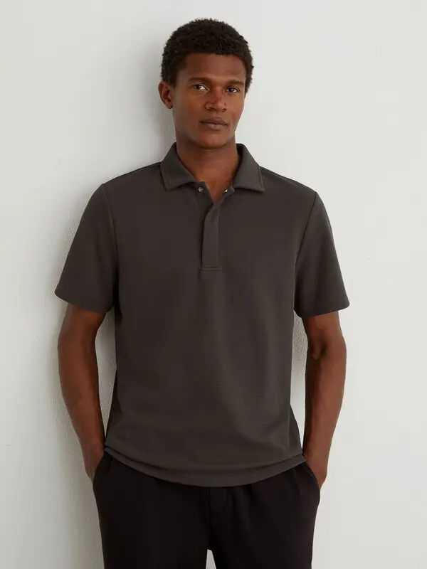 REISS Reed Textured Concealed-placket Polo Shirt - Brown