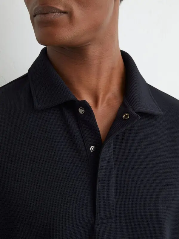 REISS Reed Textured Concealed-placket Polo Shirt - Navy