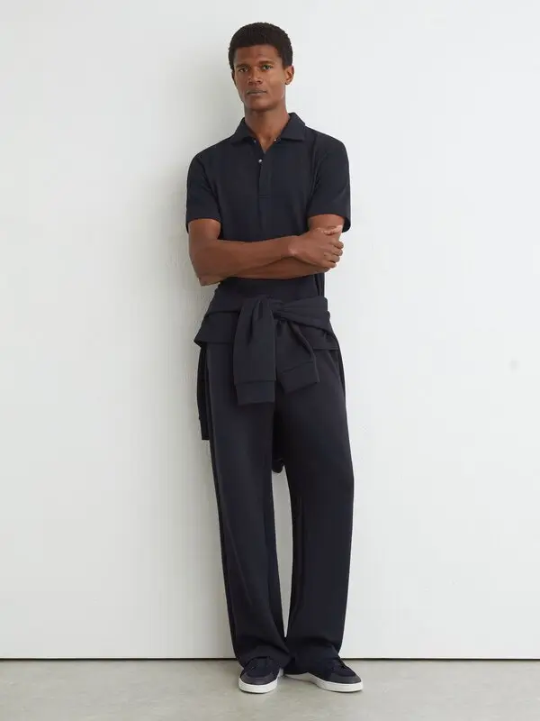 REISS Reed Textured Concealed-placket Polo Shirt - Navy