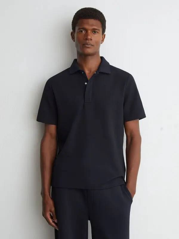 REISS Reed Textured Concealed-placket Polo Shirt - Navy