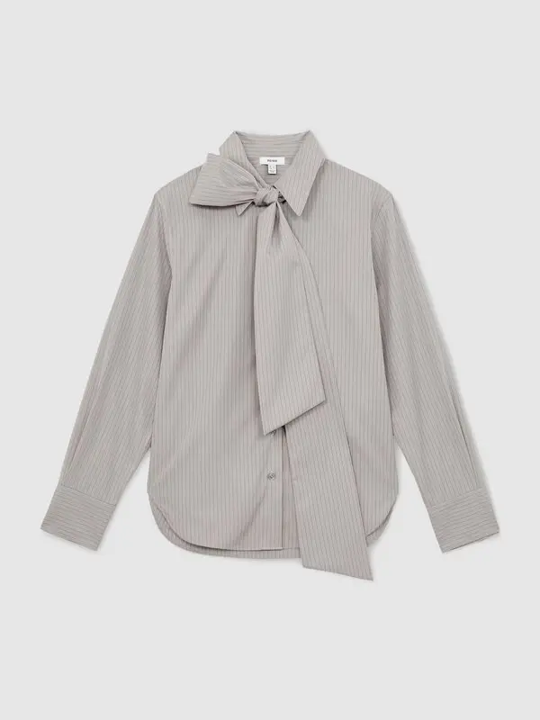 REISS Striped Cotton Tie-neck Shirt - Grey