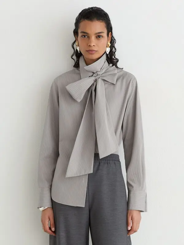 REISS Striped Cotton Tie-neck Shirt - Grey