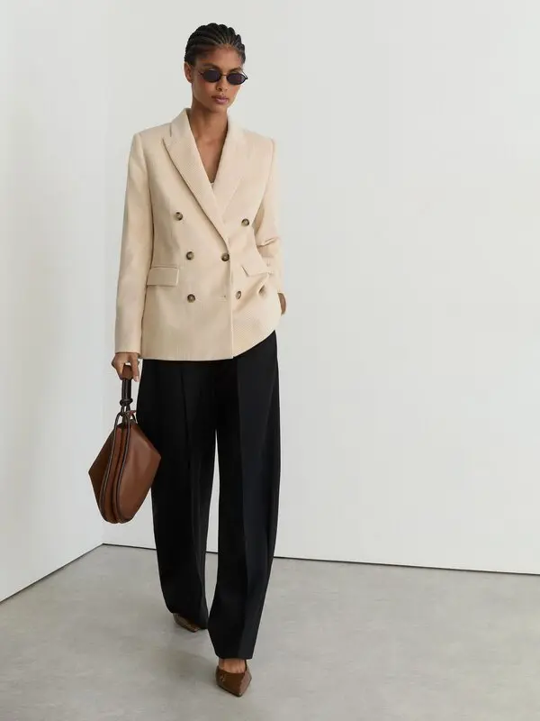 REISS Sadie Petite Cotton Corduroy Double-breasted Blazer - Cream
