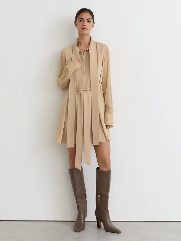 REISS Iman Tie-neck Belted Mini Dress - Cream