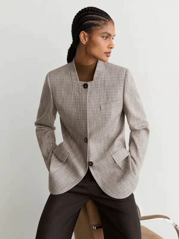 REISS Gia Wool-blend Check Collarless Blazer