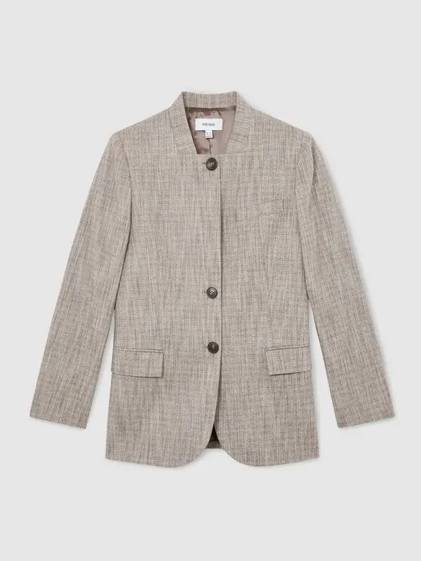 REISS Gia Wool-blend Check Collarless Blazer - Neutral Check