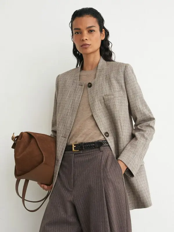 REISS Gia Wool-blend Check Collarless Blazer - Neutral Check