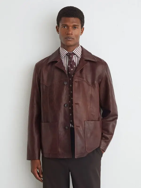 REISS Varlan Burnished-leather Button-through Jacket