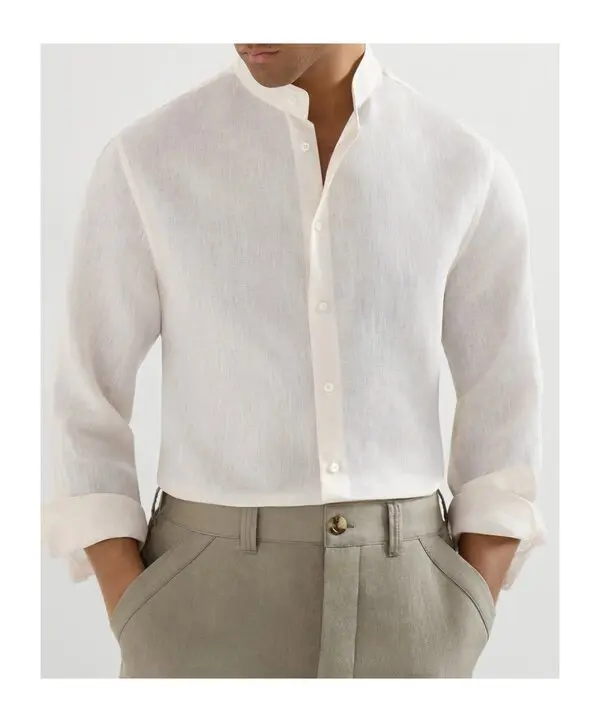 Brunello Cucinelli Linen Easy Fit Shirt With Mandarin Collar