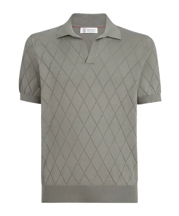 Brunello Cucinelli Cotton Textured Argyle Lightweight Knit Polo Shirt - Gray