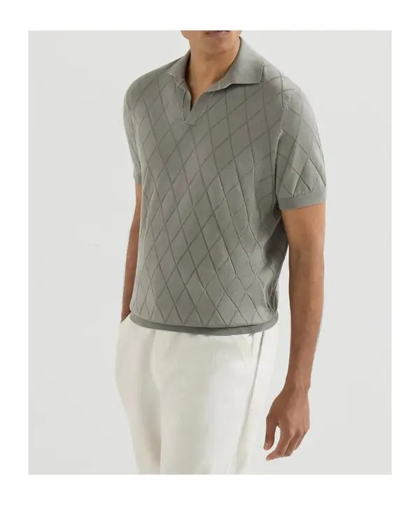 Brunello Cucinelli Cotton Textured Argyle Lightweight Knit Polo Shirt