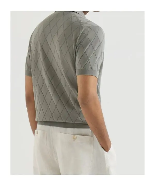 Brunello Cucinelli Cotton Textured Argyle Lightweight Knit Polo Shirt