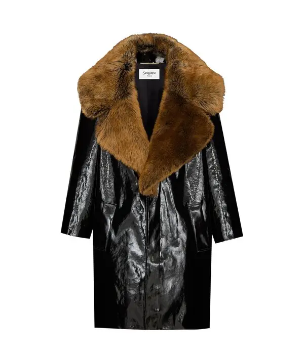 Saint Laurent Cocoon Coat In Lacquered Canvas And Shearling