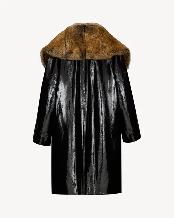 Saint Laurent Cocoon Coat In Lacquered Canvas And Shearling