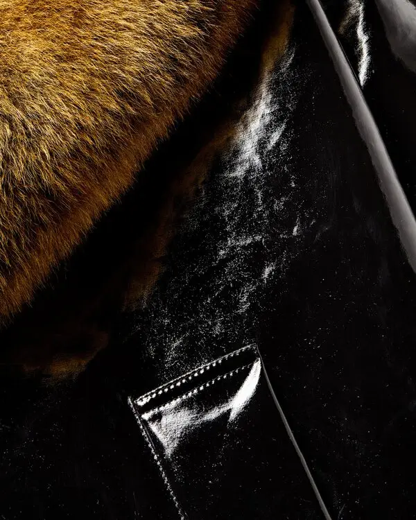 Saint Laurent Cocoon Coat In Lacquered Canvas And Shearling