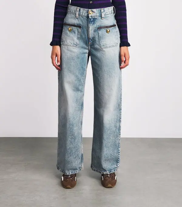 Sandro Straight Leg Jeans With Leather Trim